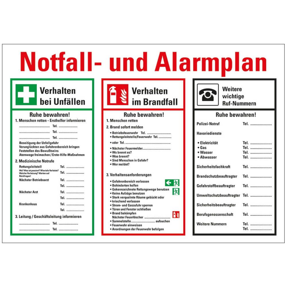 Großer Notfallplan und Alarmplan, Aushang, aus Kunststoff, 70 x 50 cm